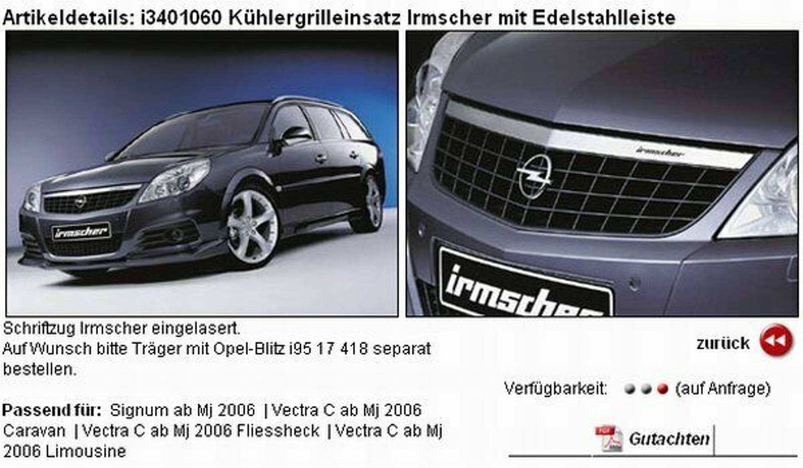 Irmscher Sport Kühlergrill Vectra C / Signum - FL : Biete Opel