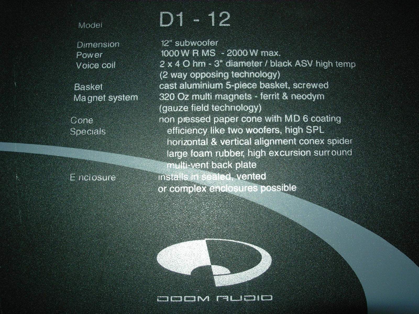 DOOM D1-12 Subwoofer 30cm 1000Watt RMS wie Soundstream Da Vinci : Biete ...